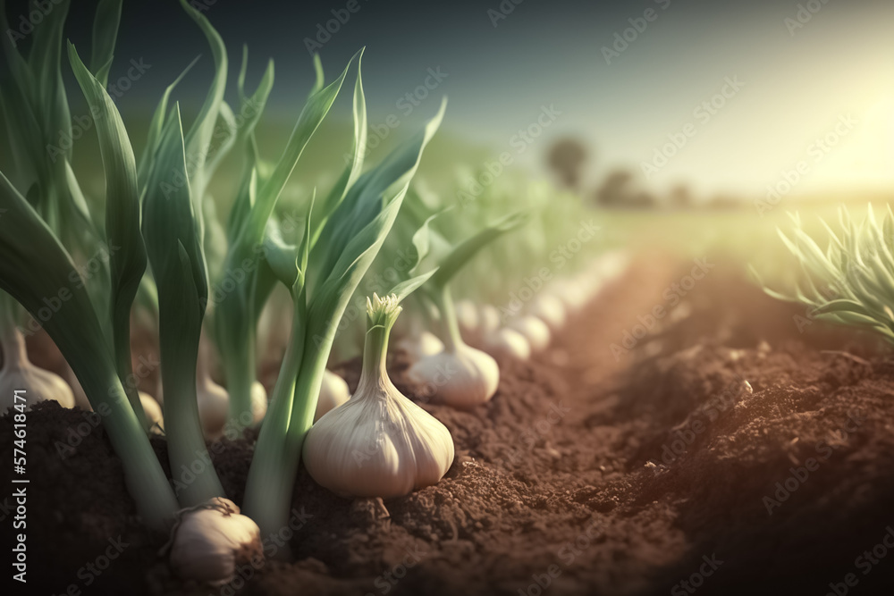 Background with a field of garlic plantations. Plantation in the ...