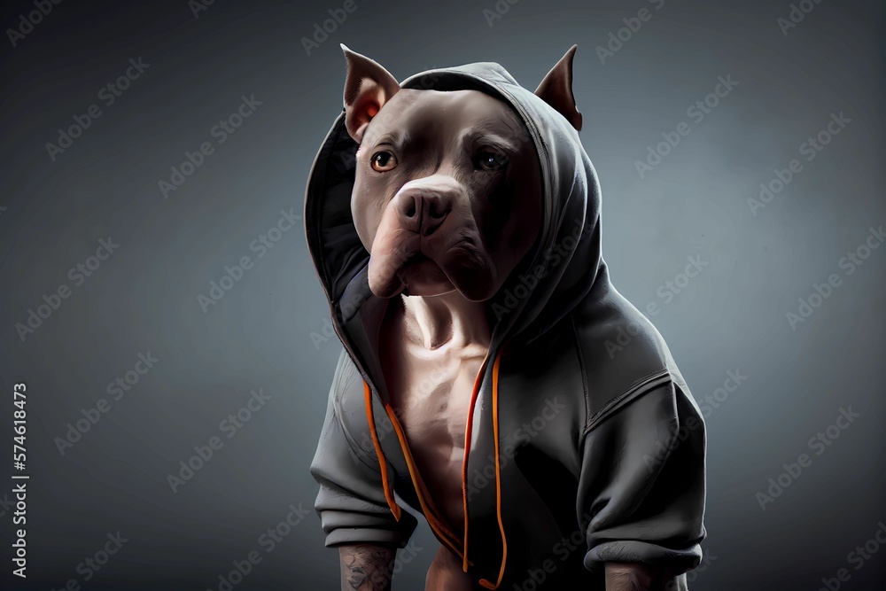 American bully wearing human clothing. Solid color background, studio ...