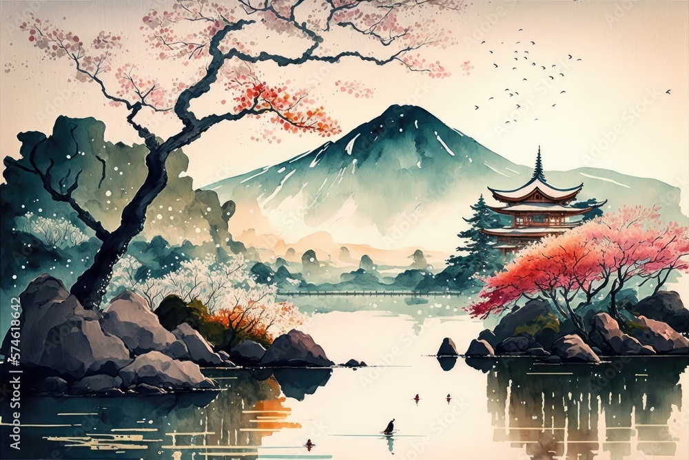 Japanese Landscape Painting, Japan Garden Watercolor Draw, Drawing Imitation, Abstract ...