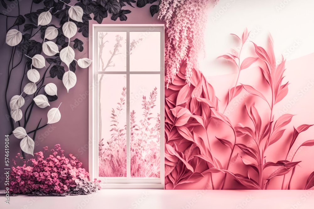 minimalistic fully pink room with luxury furniture, a glass door or ...