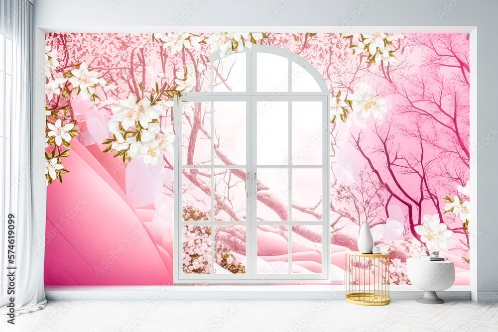 minimalistic fully pink room with luxury furniture, a glass door or ...