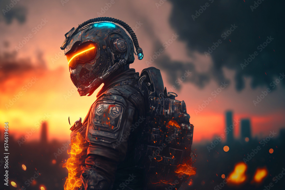 futuristic soldier with gas mask, burning night city light bokeh ...