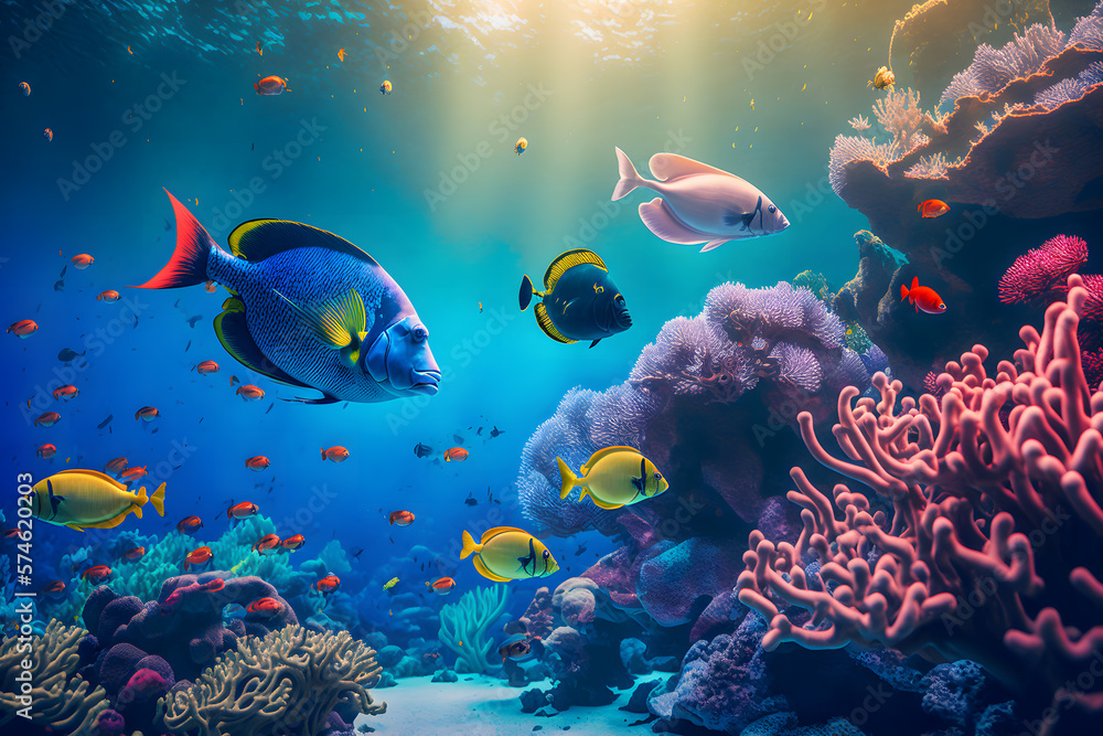 Aqua scene with corals and many fish on blue underwater background ...