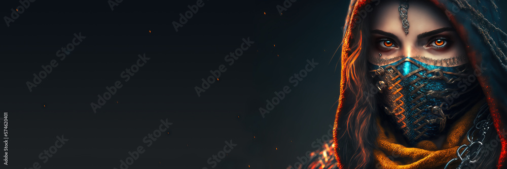 Mysterious Ranger warrior female wearing a hooded on dark background ...