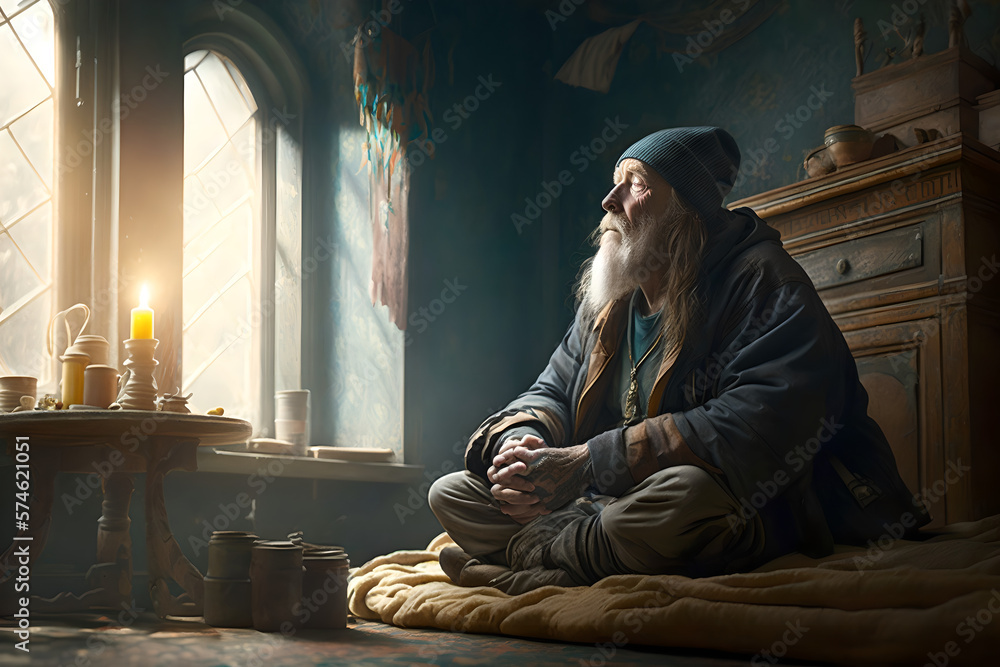 A bearded, dirty and homeless looking old man, sitting in his abandoned ...