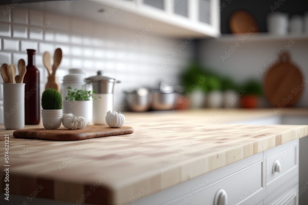 Light Wood Table on Blurred Kitchen Background, Modern Wooden Table ...