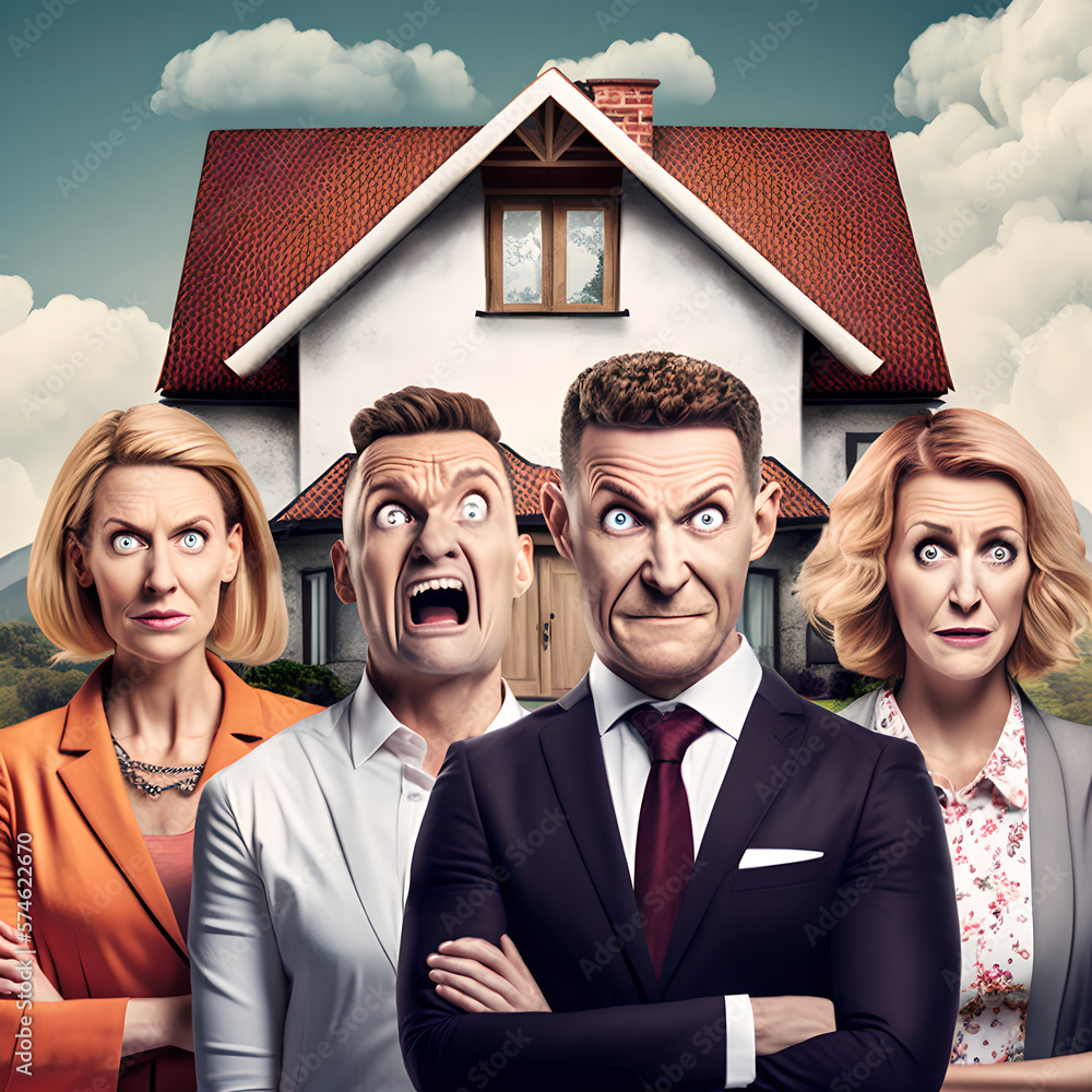 Cartoon like realtors TV real estate agents very serious and determined ...