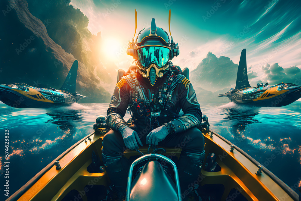 Ship captain on a modern futuristic boat transport at sea. Neural ...