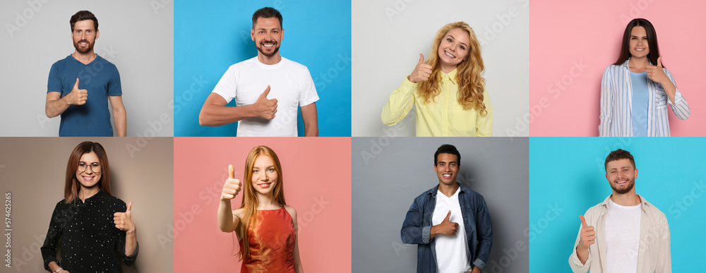 Collage with photos of people showing thumbs up on different color ...