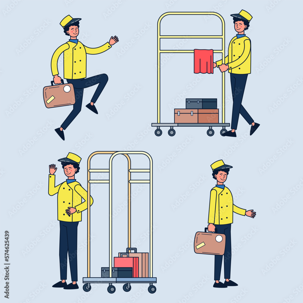 Bellboy hotel service and Luggage trolley and carrying suitcases ...