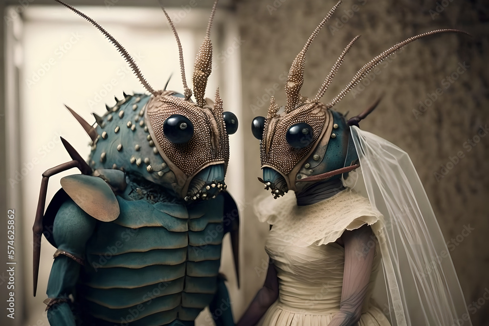 A beauitiful portrait of two bugs, beetles or cockroaches getting ...