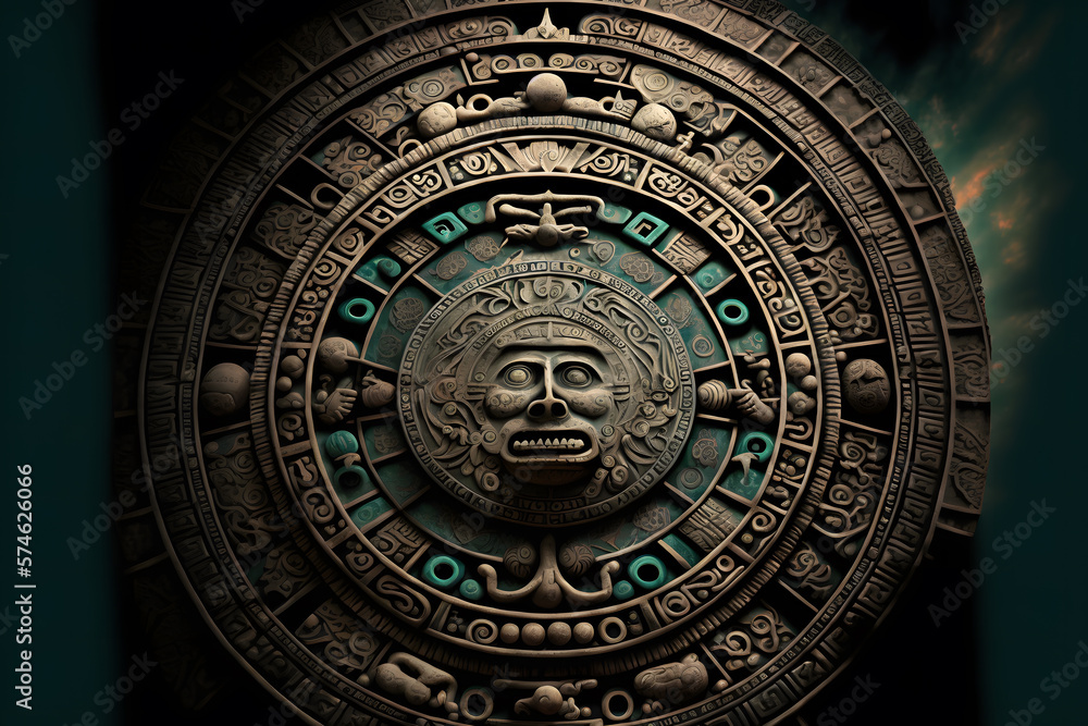 Close view of the ancient Aztec mayan calendar with round pattern and ...