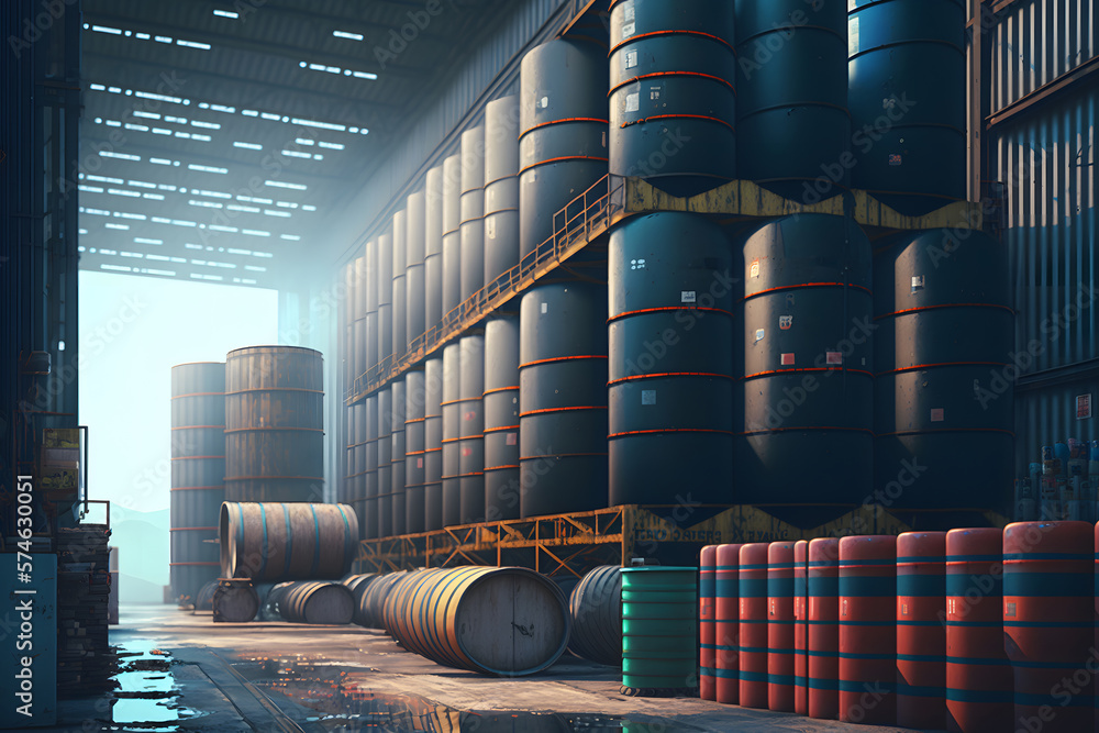 Stacks of oil barrels in oil refinery warehouse. Neural network AI ...