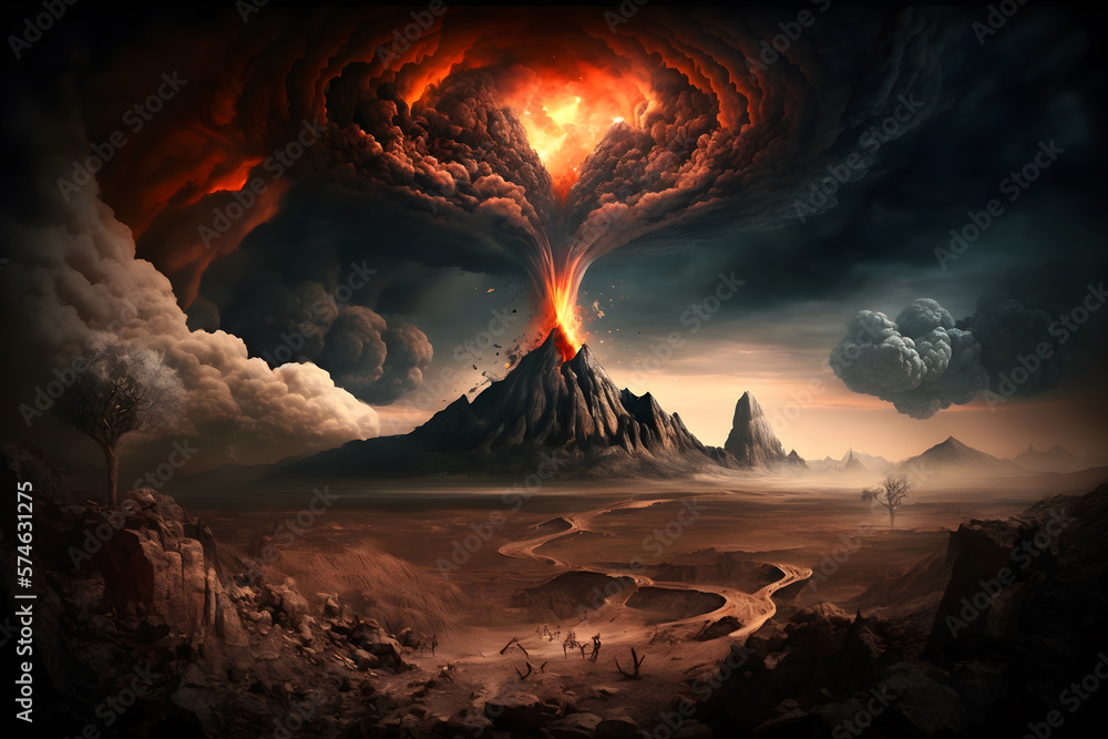 Night fantasy landscape with abstract mountains and island on the water ...