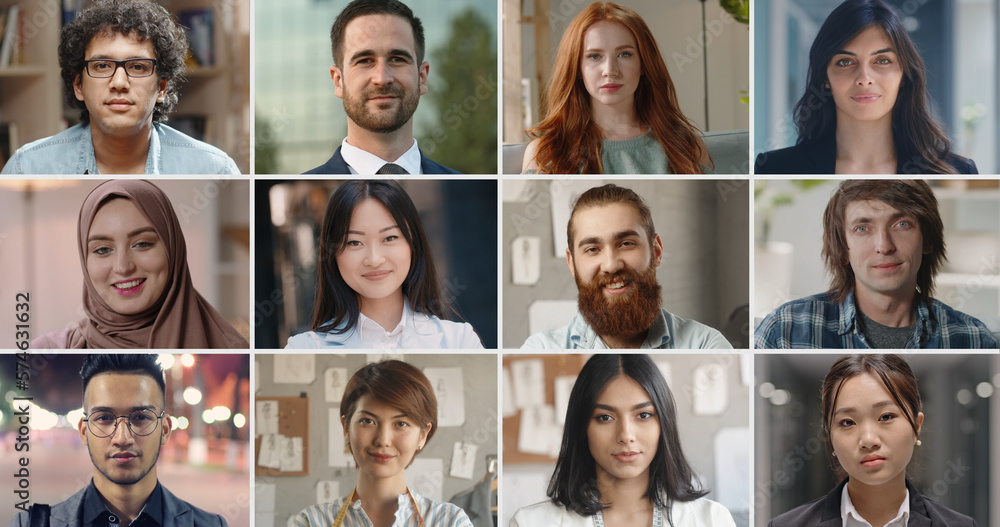 Many happy diverse ethnicity different young people group headshots in ...