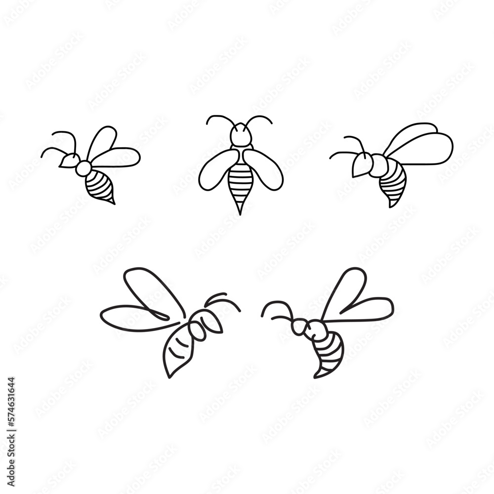 Honeybee line art clipart set. Linear collection of doodle bees. Vector ...