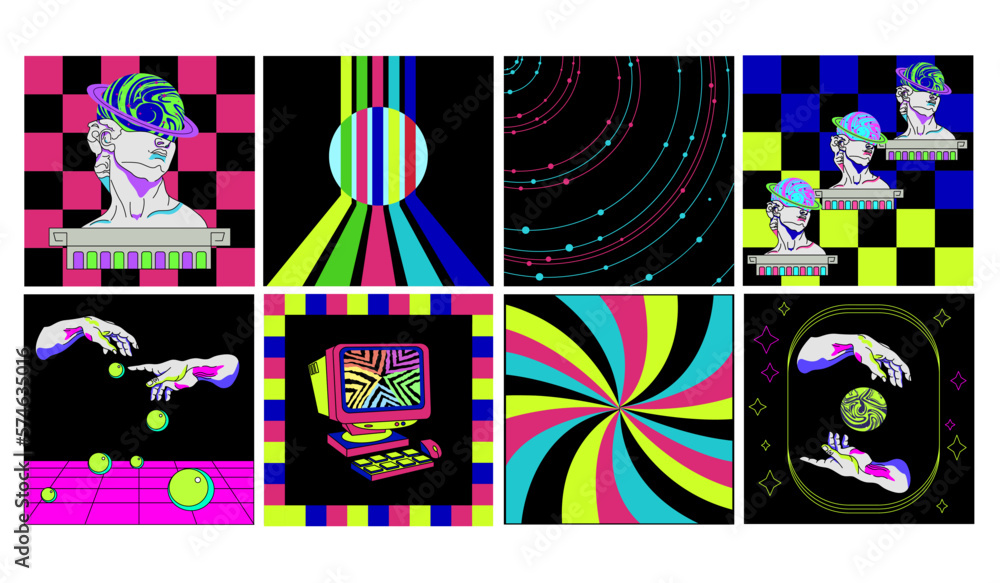Set Of Cool Trendy Acid Rave Posters. Rave sticker in psychedelic acid ...