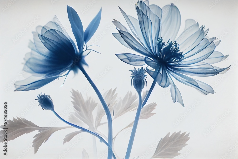 X-ray of flowers on the light and scan of a daisy, blue flower, art ...