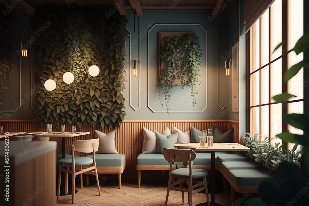 Modern cozy café with plants. Floral interior in modern café. Loft ...