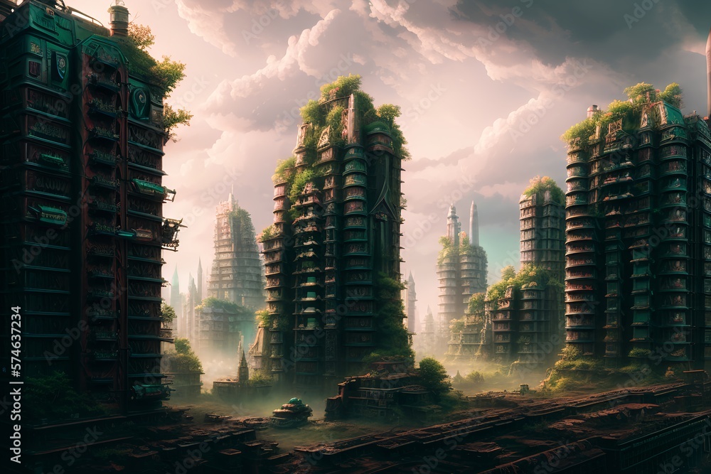 Futuristic city with a overgrown buildings, life after people. Post ...