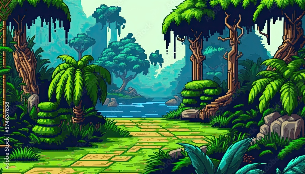 Verdant beauty of 2D pixel art jungle, generative ai Stock Illustration ...