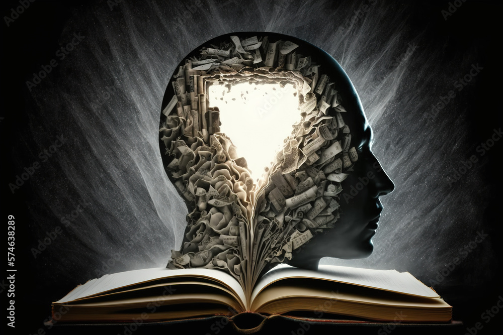 The mind with books, education, research, college, brain idea .Art ...