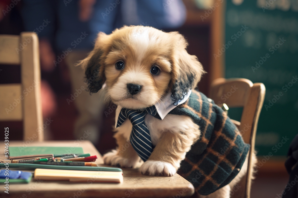 Cachorro de perro adorable asistiendo al colegio a estudiar. Perrito ...