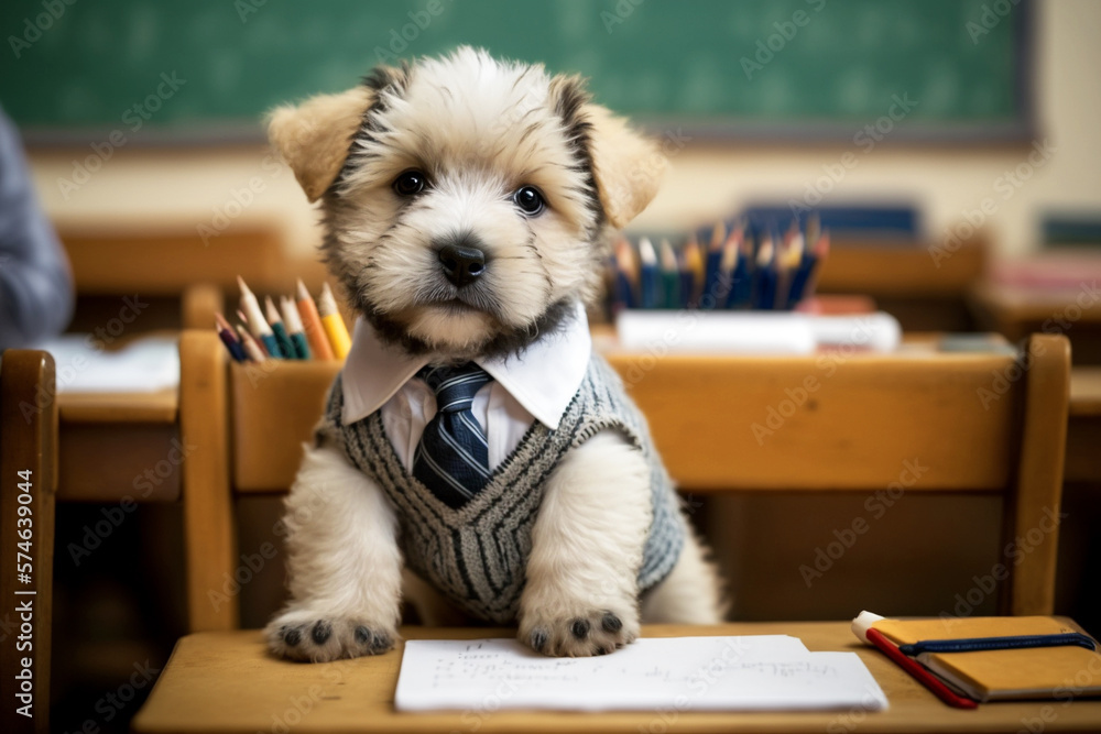 Cachorro de perro adorable asistiendo al colegio a estudiar. Perrito ...