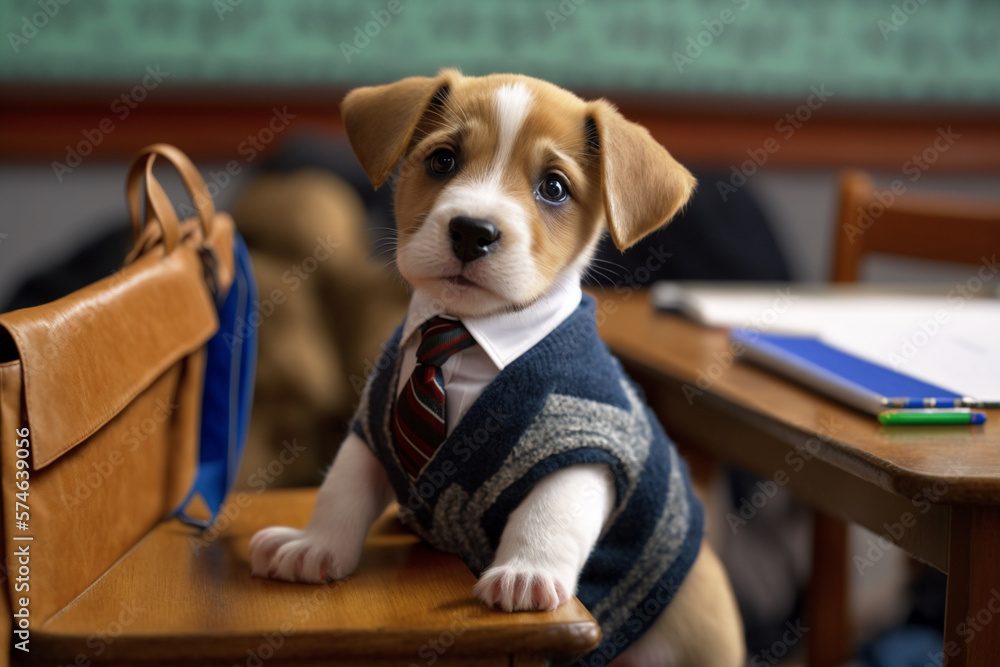 Cachorro de perro adorable asistiendo al colegio a estudiar. Perrito ...