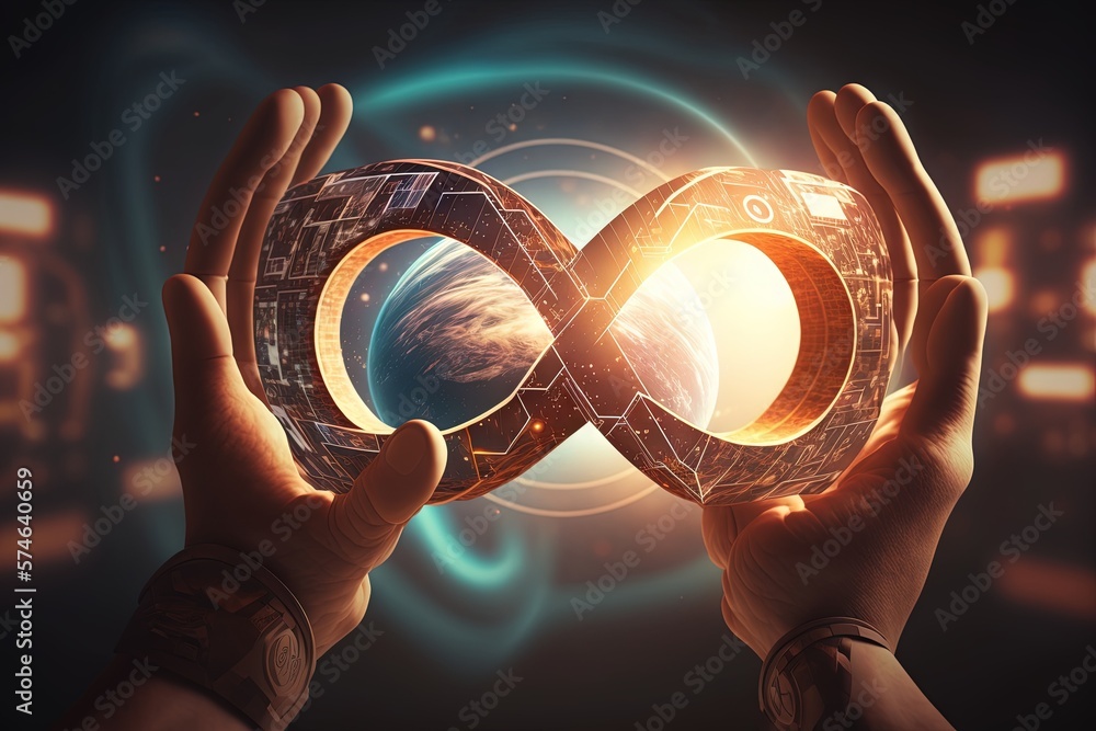 Hand holding virtual reality infinity symbol communi . AI generated art ...