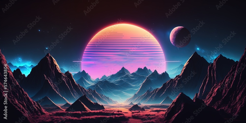 80s synthwave styled landscape with blue grid mountains and sun over ...