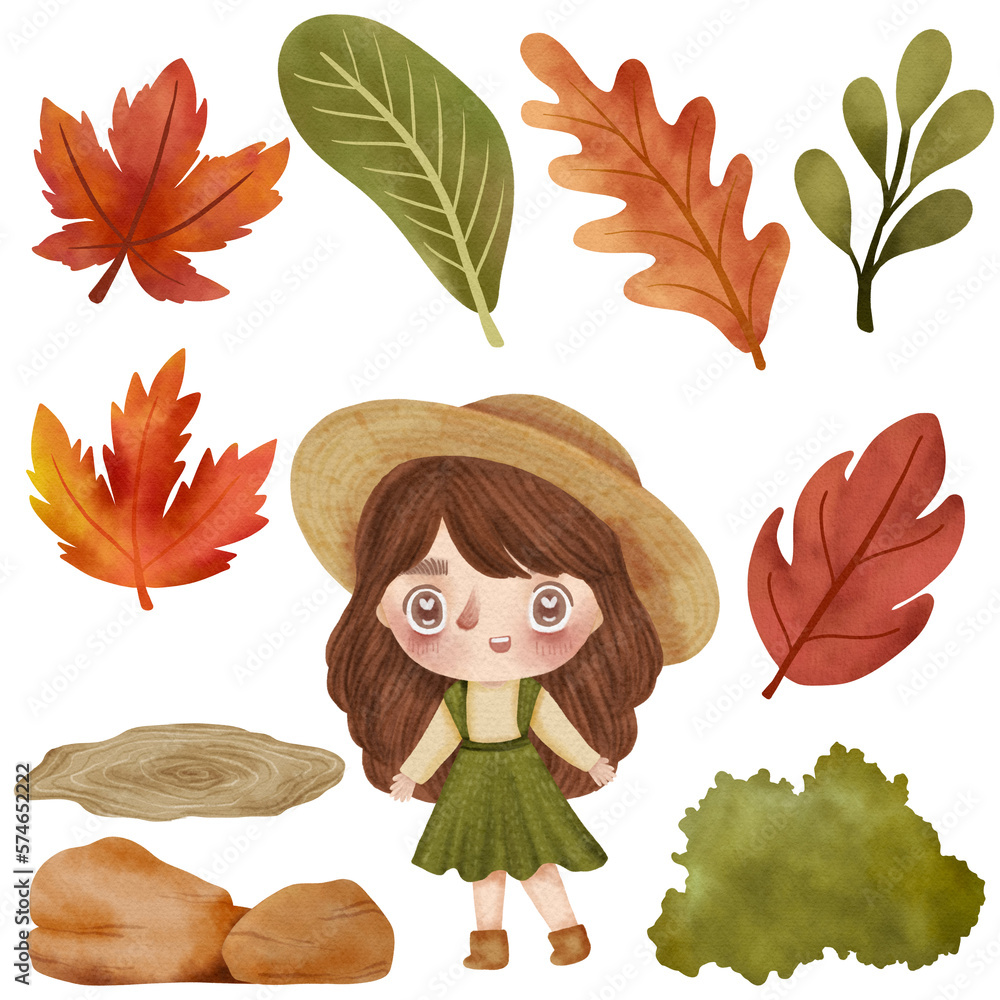 autumn watercolor illustration cute girl in fall autumn for card ...