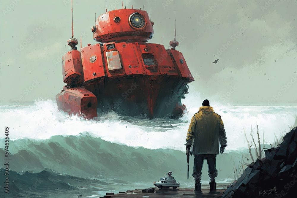 a giant red robot emerges from the sea and a man is watching at the ...