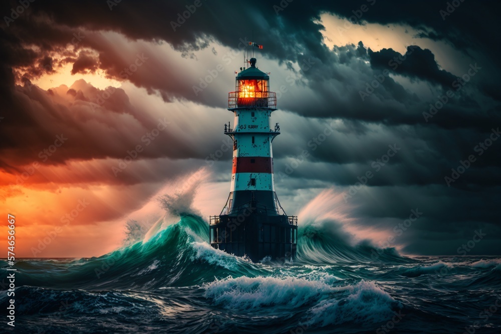Lighthouse being a symbol of hope and safety. Light house in a storm ...