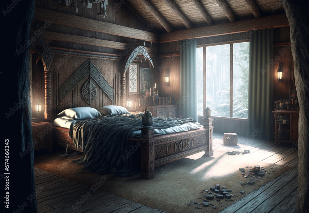 Skyrim Style bedroom interio,illustration,created with Generative AI ...