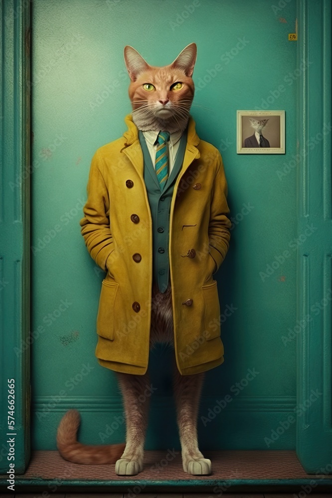 Vintage rustic portrait of a yellow large cat standing as a man in ...