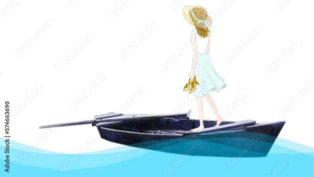 Rearview of cartoon girl standing on boat, ship, water waves, sea ...