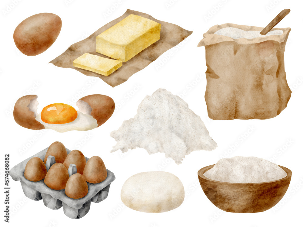 Watercolor baking ingredients set. Hand drawn flour sack and bowl ...