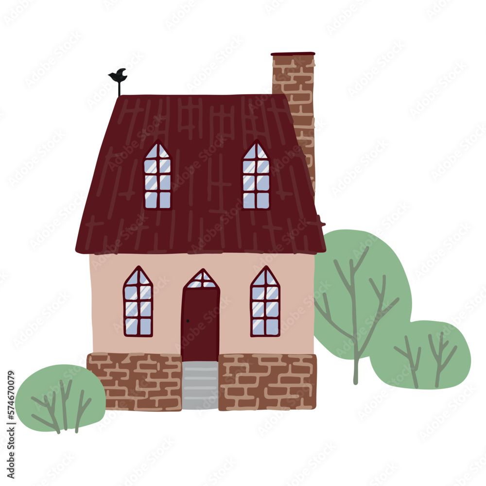 House clip art. Home facade with doors, windows, trees. Lovely ...