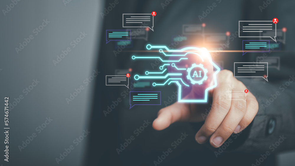 Artificial Intelligence conversation. Man using technology smart AI ...