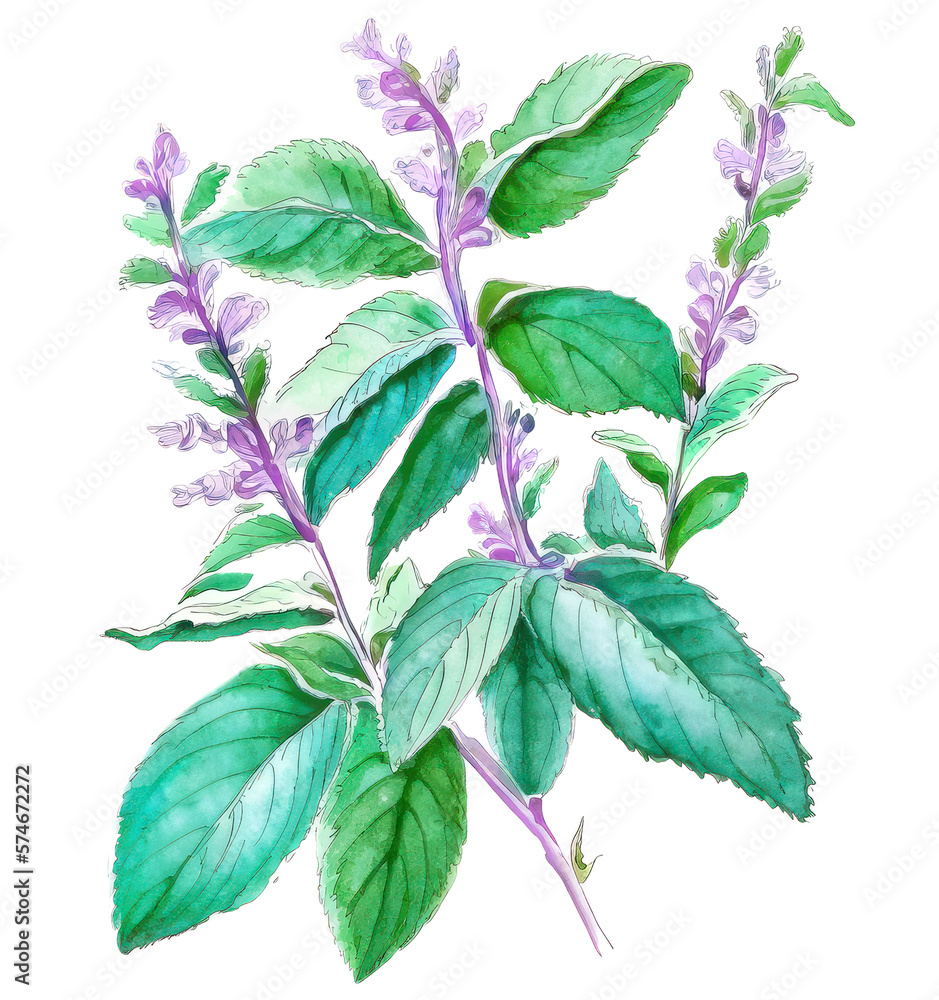Tulsi (holy basil) traditional herbal medicine plant over white ...