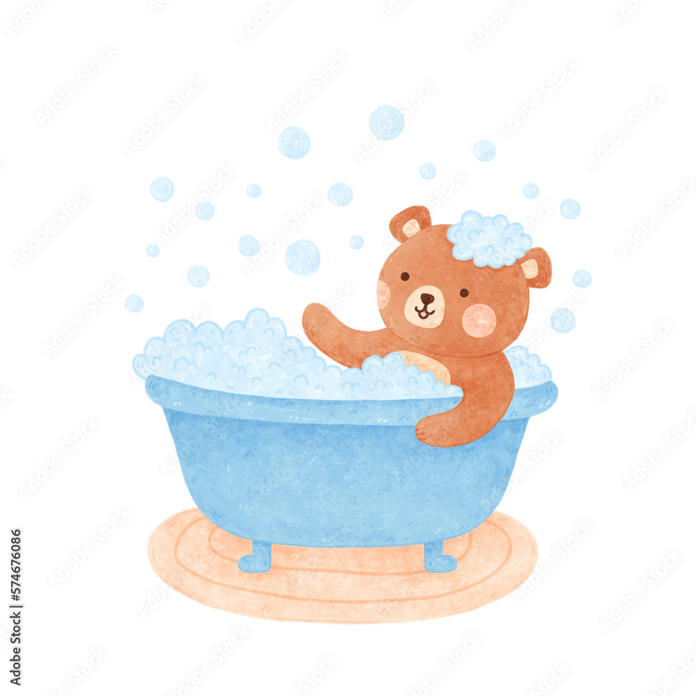 Cute little bear taking a bath with soap foam. Digital hand-drawn child ...
