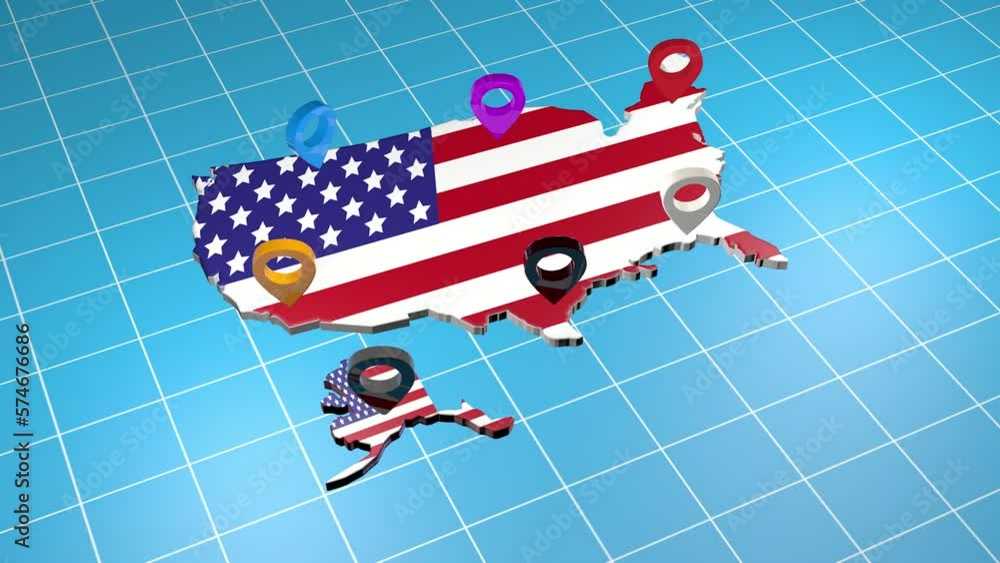 USA map 3d with markers Map of United States of America showing ...
