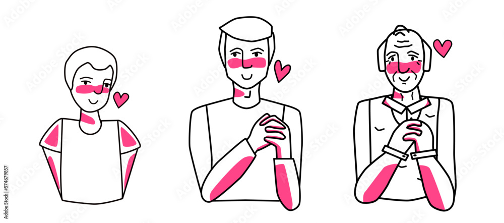 Male in love set. Collection of beloved young, adult and old men with ...