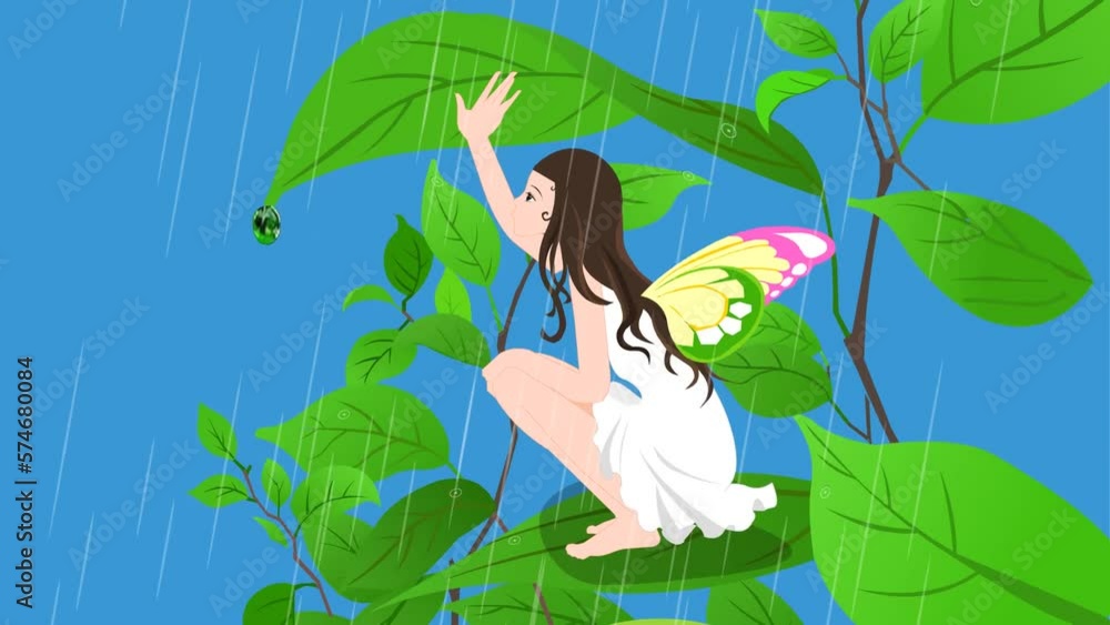 beautiful cartoon fairy girl sitting on plant leaves, raining ...