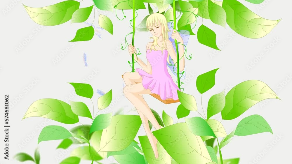 beautiful cartoon fairy girl sitting on swing hanging by tree, move ...