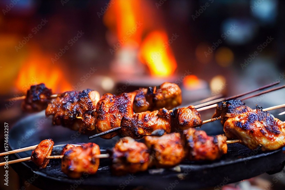 Delicious tasty skewers of chicken cook over hot coals in Singapore's ...