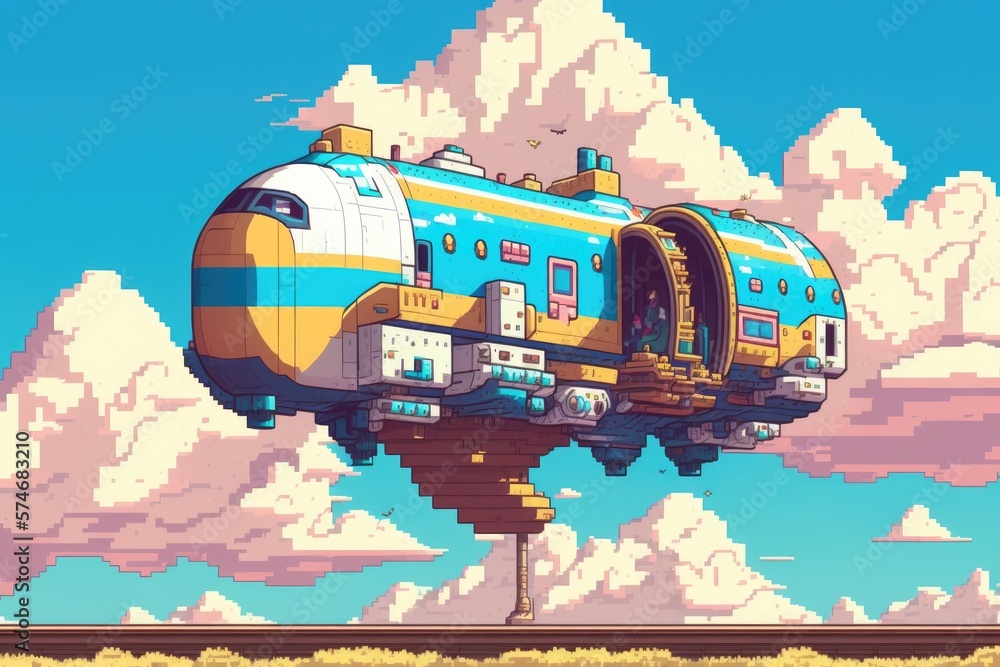 Modern electric sky trains in a bright world with pixel art style ...
