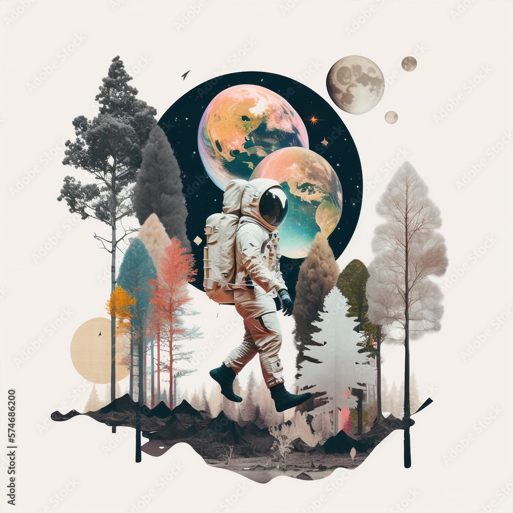 surreal collage of an astonaut traveling and walking through planets ...