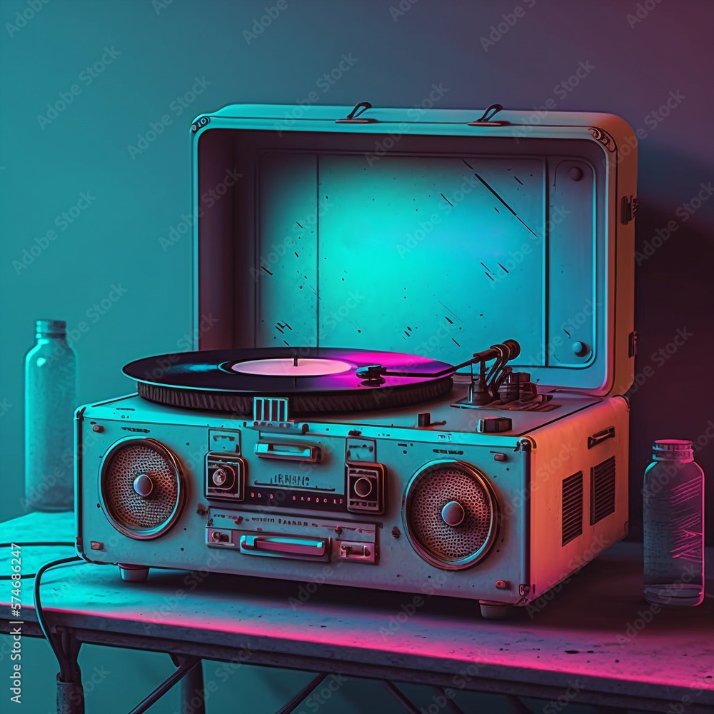 an old retro turntable,in 70s style, vaporwave and neon colors ...
